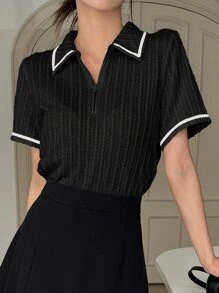 DAZY Contrast Binding Half Zip Tee | SHEIN USA