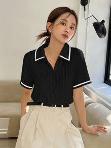 DAZY Contrast Binding Half Zip Tee | SHEIN USA