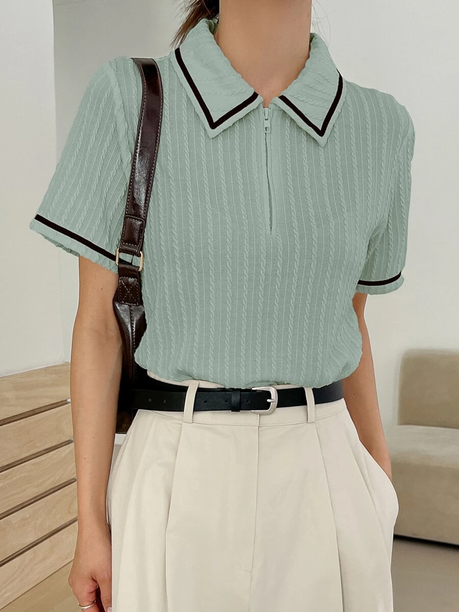 DAZY Contrast Binding Half Zip Tee | SHEIN USA