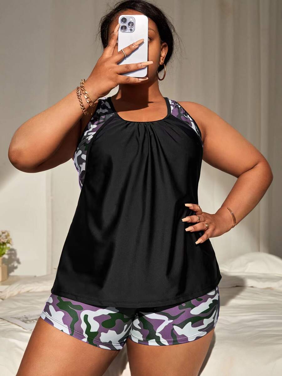 SHEIN Swim Curve Plus Size Camo Print Racer Back Tankini Summer Beach ...