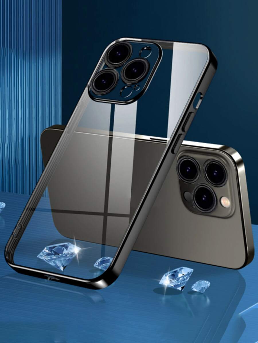 1pc Black Anti-Drop Lens Protection Electroplated Hard Case With Dust Net Thin Transparent Phone ...