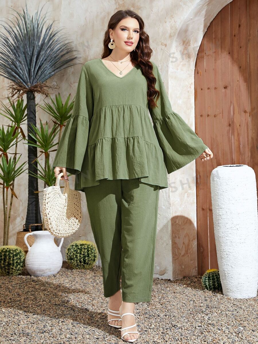 SHEIN Mulvari Plus Flounce Sleeve Peplum Top & Pants | SHEIN USA