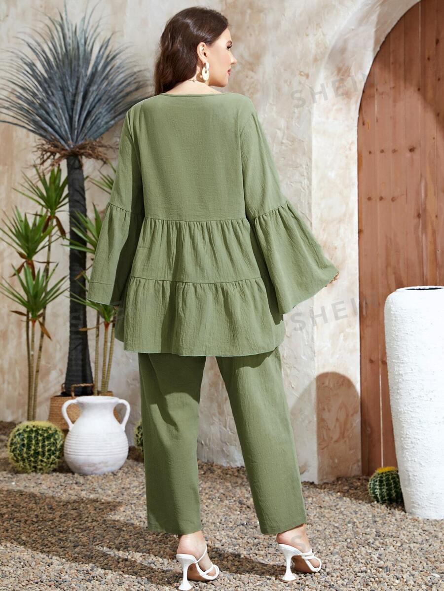 SHEIN Mulvari Plus Flounce Sleeve Peplum Top & Pants | SHEIN USA