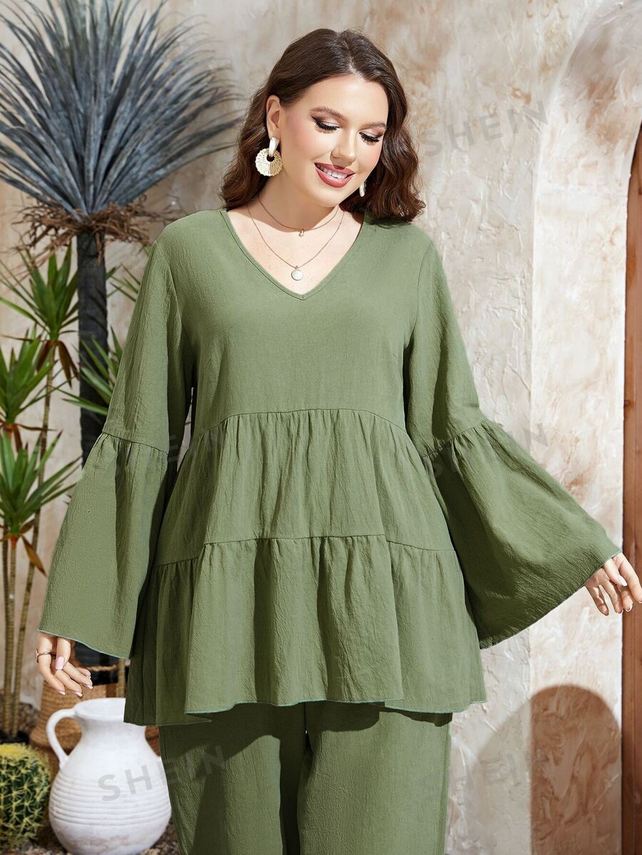SHEIN Mulvari Plus Flounce Sleeve Peplum Top & Pants | SHEIN USA