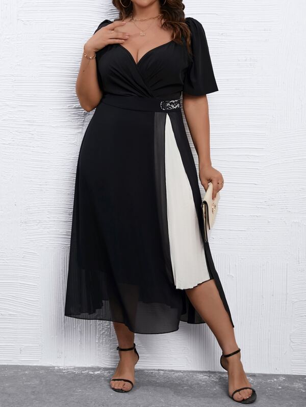 Shein Clasi Plus Colorblock Sweetheart Neck Buckle Detail Chiffon Dress