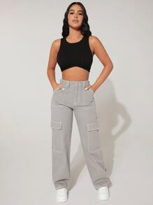 SHEIN PETITE Eenkleurig Dames jeans Knoop Zak Rits | SHEIN Nederland