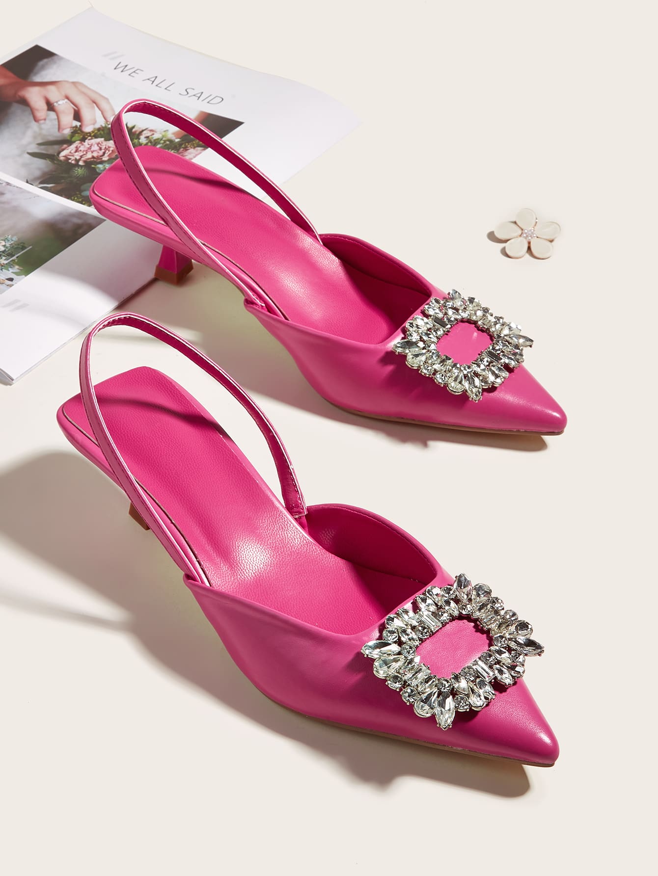 Women Rhinestone Decor Honeycomb Textured Slingback Heeled Pumps ...