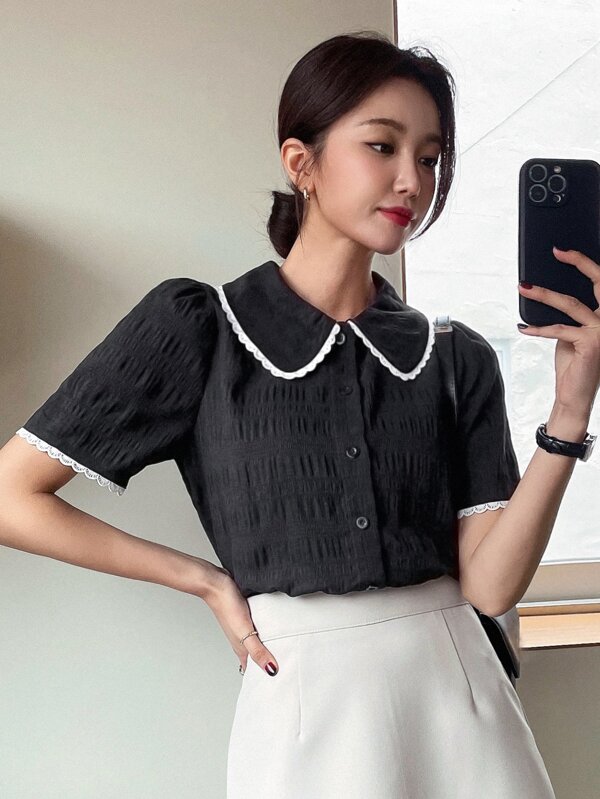 DAZY Contrast Lace Trim Peter Pan Collar Puff Sleeve Shirt | SHEIN USA