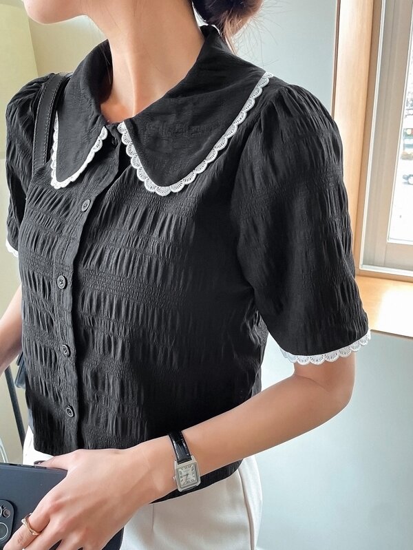 DAZY Contrast Lace Trim Peter Pan Collar Puff Sleeve Shirt | SHEIN USA