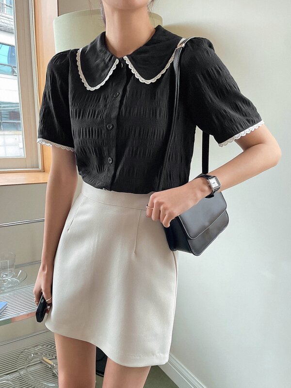 DAZY Contrast Lace Trim Peter Pan Collar Puff Sleeve Shirt | SHEIN USA