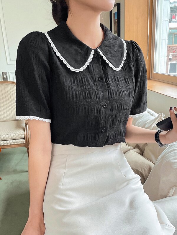 DAZY Contrast Lace Trim Peter Pan Collar Puff Sleeve Shirt | SHEIN USA