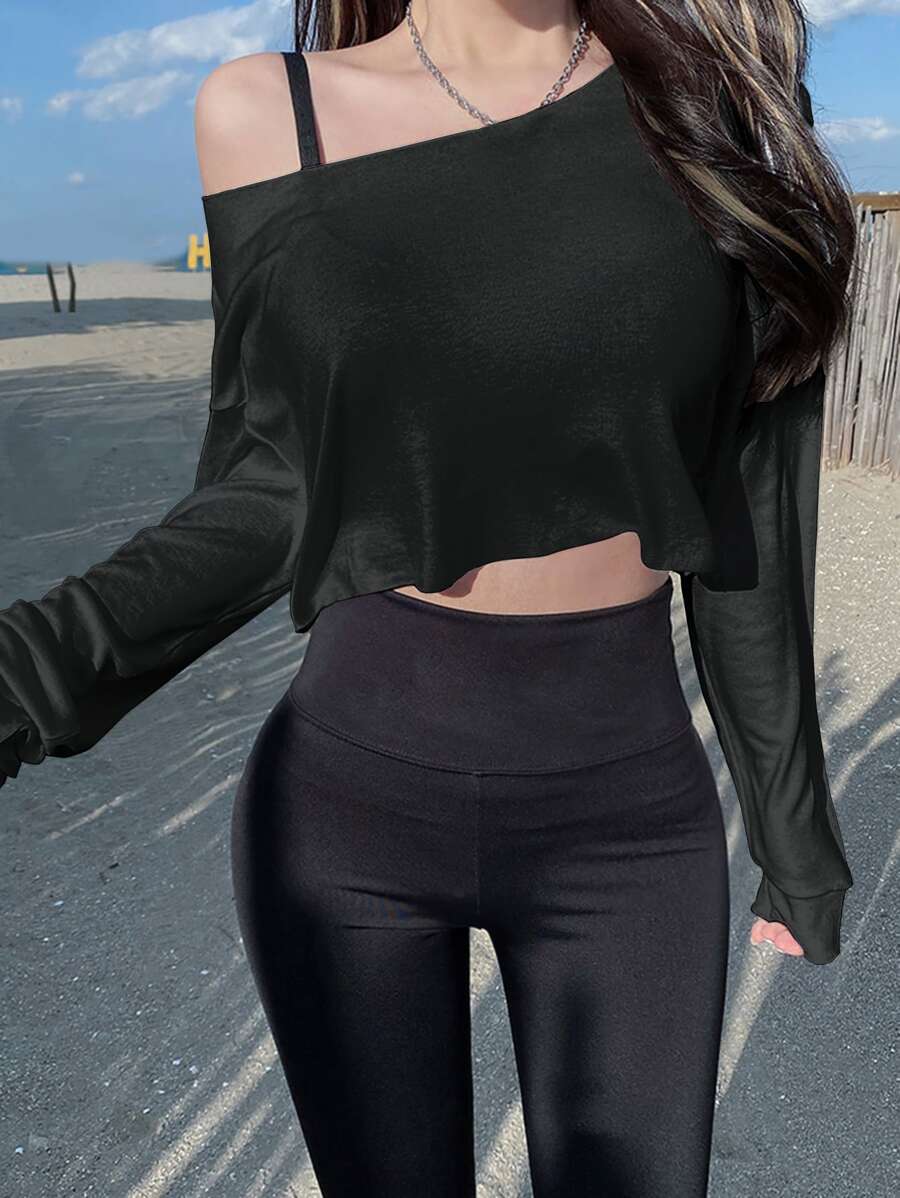 DAZY Asymmetrical Neck Drop Shoulder Crop Tee | SHEIN USA