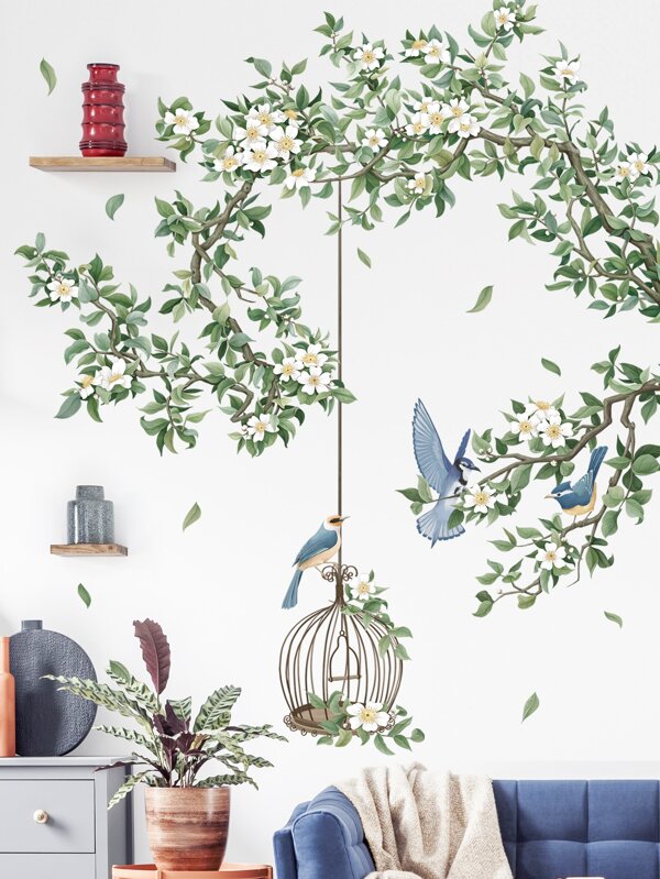 2pcs PVC Wall Sticker, Modern Bird & Flower Pattern Waterproof ...