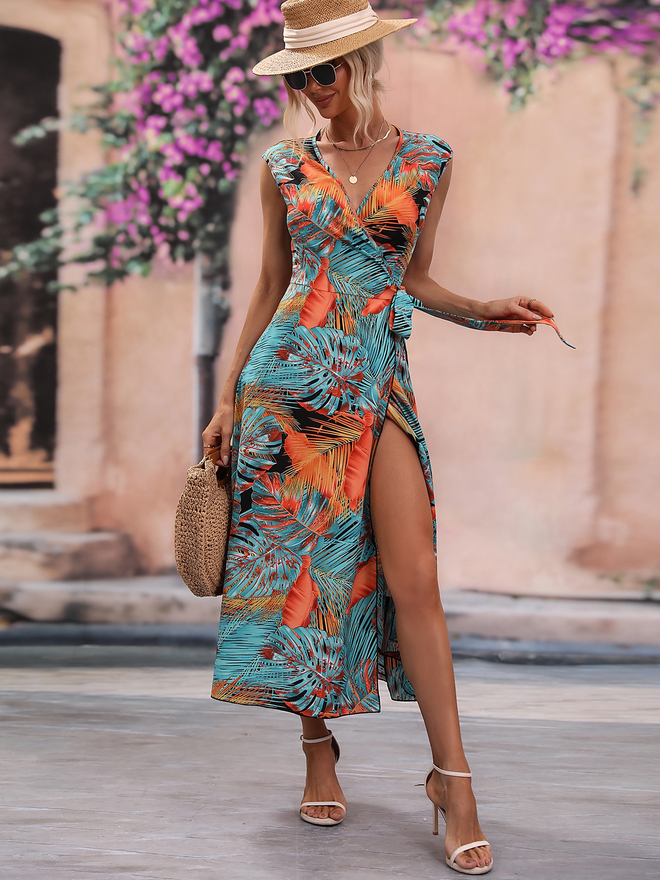 SHEIN VCAY Allover Tropical Print Knot Side Wrap Dress | SHEIN USA