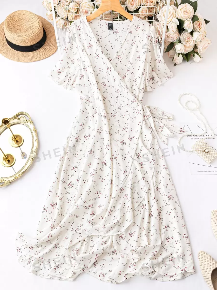 SHEIN Clasi Plus Ditsy Floral Print Butterfly Sleeve Belted Dress | SHEIN USA