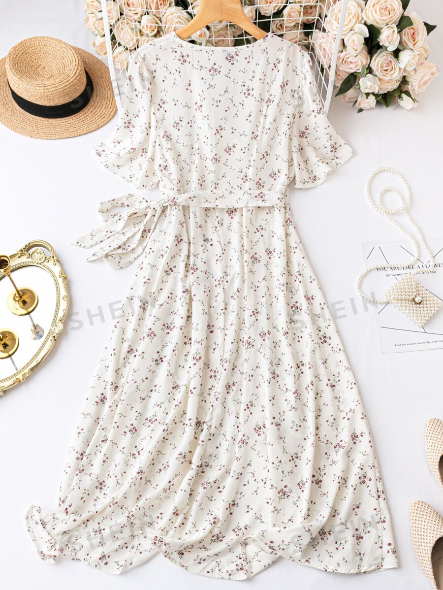 SHEIN Clasi Plus Ditsy Floral Print Butterfly Sleeve Belted Dress | SHEIN USA