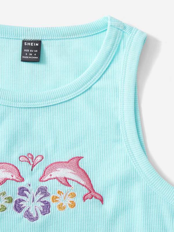 Shein Qutie Top Tank Crop Con Bordado Delfín Con Con Patrón Floral