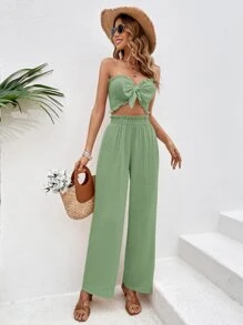 SHEIN VCAY Tie Front Tube Top & Wide Leg Pants | SHEIN USA