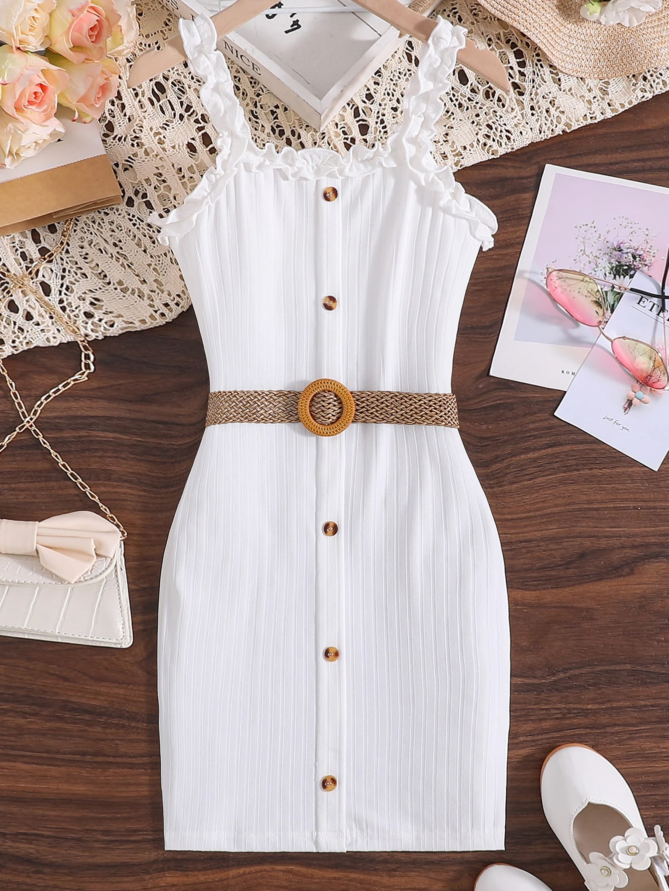 SHEIN Girls Frill Trim Button Front Cami Dress Without Belt | SHEIN UK