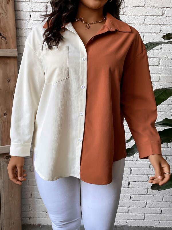 SHEIN LUNE Plus Two Tone Drop Shoulder Pocket Patched Shirt | SHEIN USA