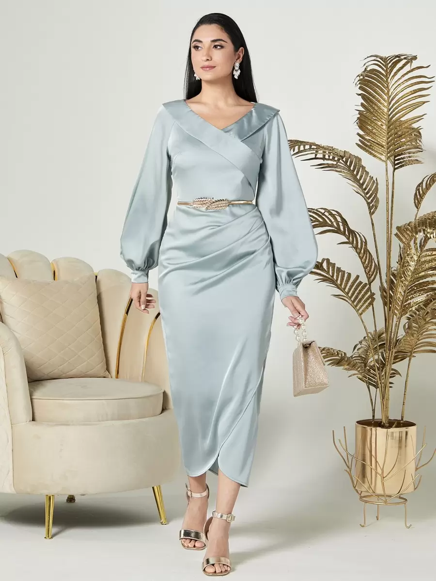 SHEIN Modely Lantern Sleeve Wrap Hem Dress Without Belt | SHEIN USA