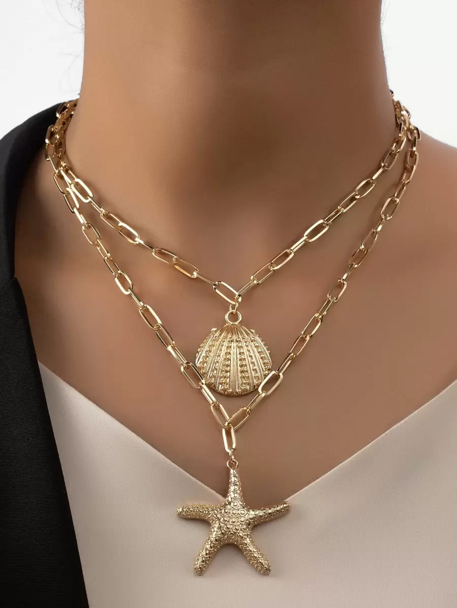 Shell & Starfish Pendant Layered Necklace | SHEIN USA