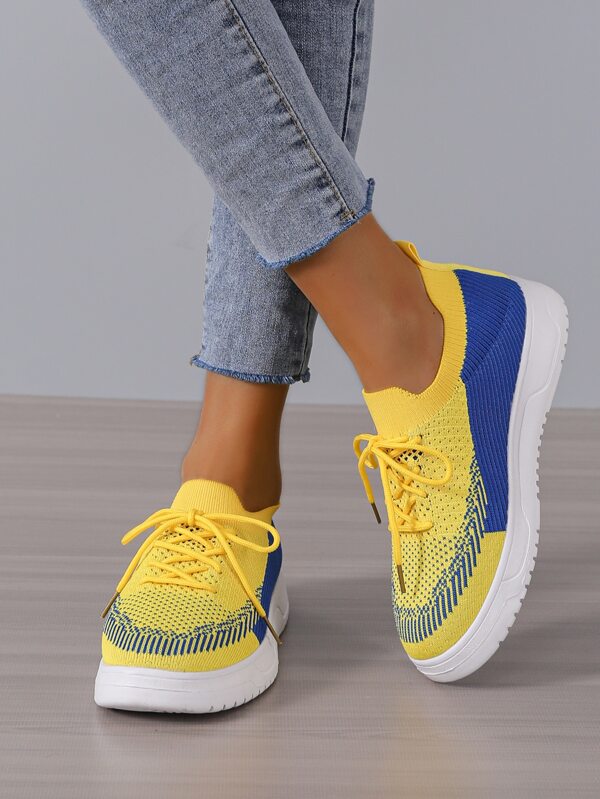 Women Lace Up Color Block Skate Shoes Sporty Outdoor Fabric Casual ...