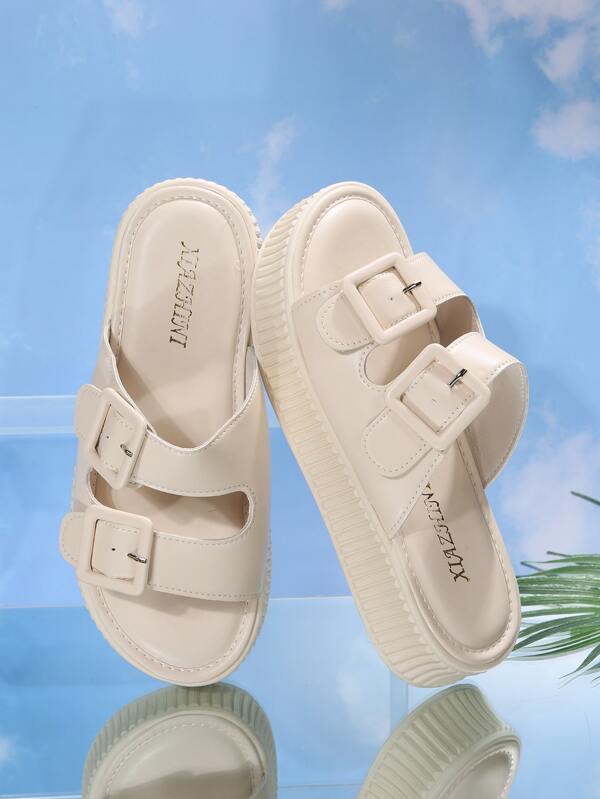 Elegant Beige Flatform Slide Sandals, Women Double Buckle Decor Sandals ...