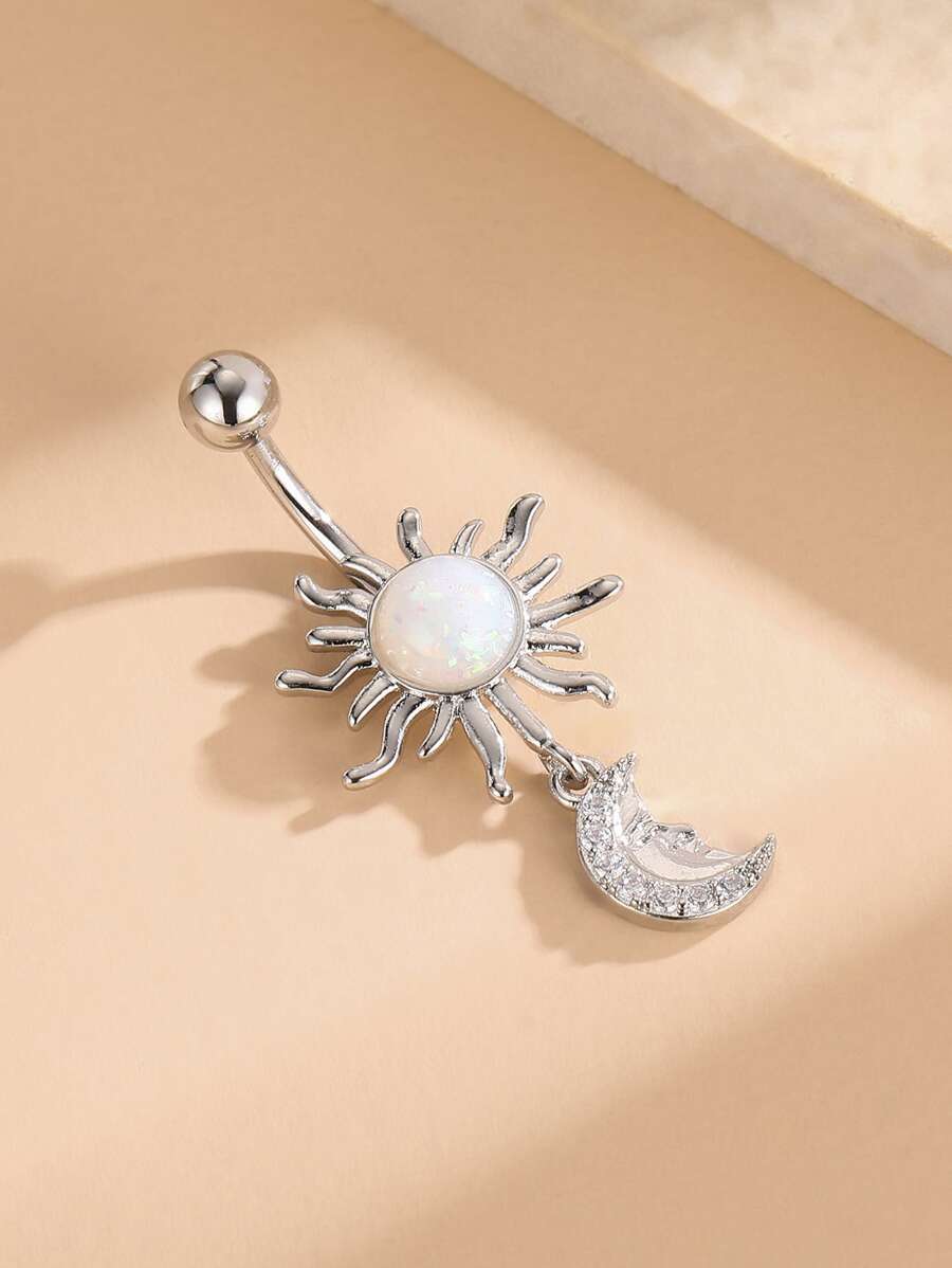 Rhinestone Moon & Sun Decor Navel Belly Ring Stainless Steel Popular ...