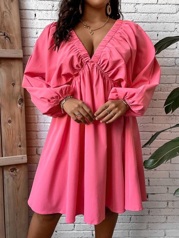 SHEIN LUNE Plus Plunging Neck Lantern Sleeve Ruched Bust Dress | SHEIN USA