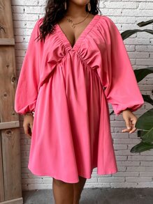 SHEIN LUNE Plus Plunging Neck Lantern Sleeve Ruched Bust Dress | SHEIN USA