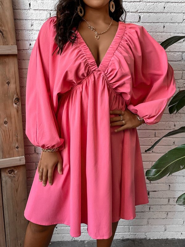 SHEIN LUNE Plus Plunging Neck Lantern Sleeve Ruched Bust Dress | SHEIN USA