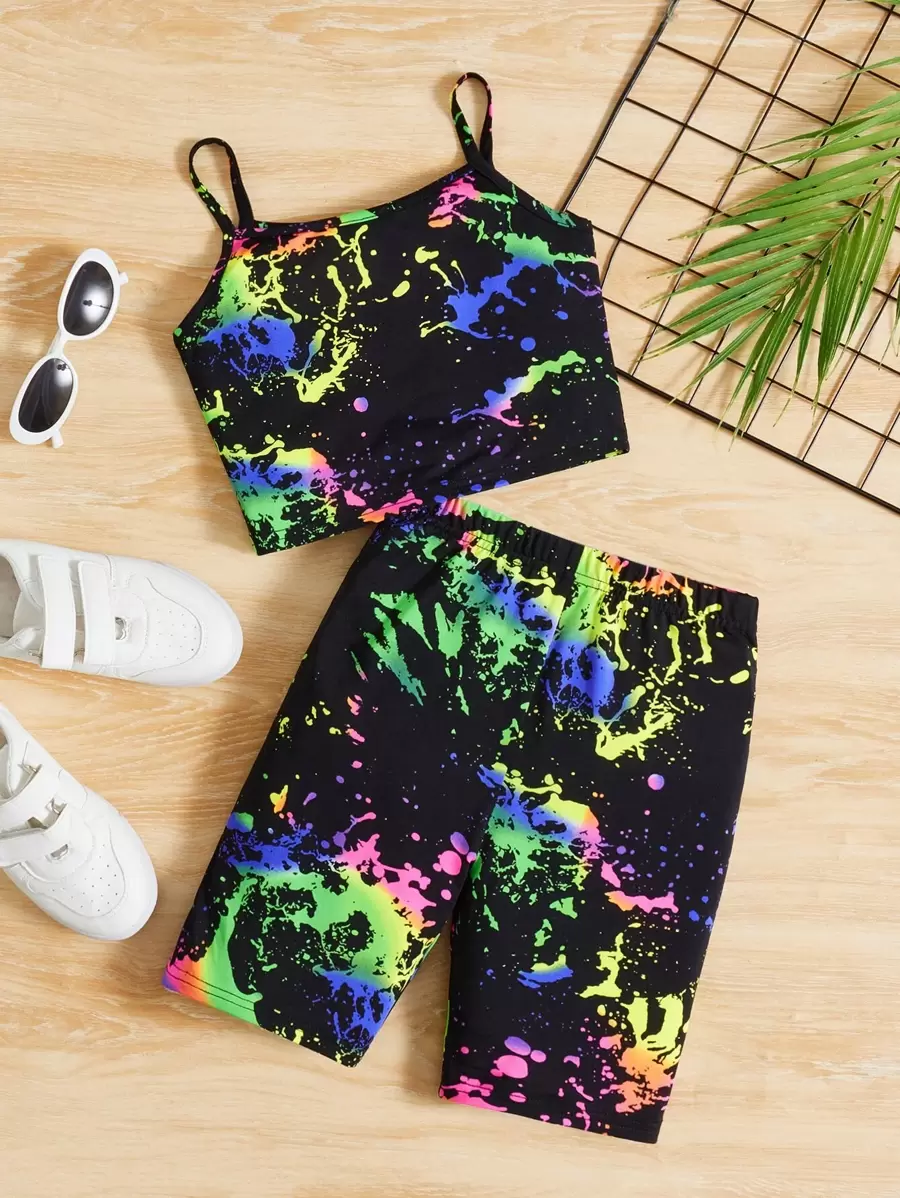 SHEIN Tween Girl Reflective Splash Ink Print Cami Top & Biker Shorts ...