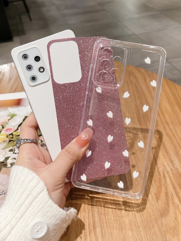 Heart Pattern Phone Case With Glitter Paper Compatible With iPhone15/15Plus/15Pro/15Promax ...