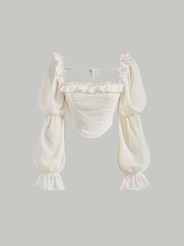 SHEIN MOD Square Neck Ruffle Trim Virago Sleeve Crop Blouse | SHEIN USA