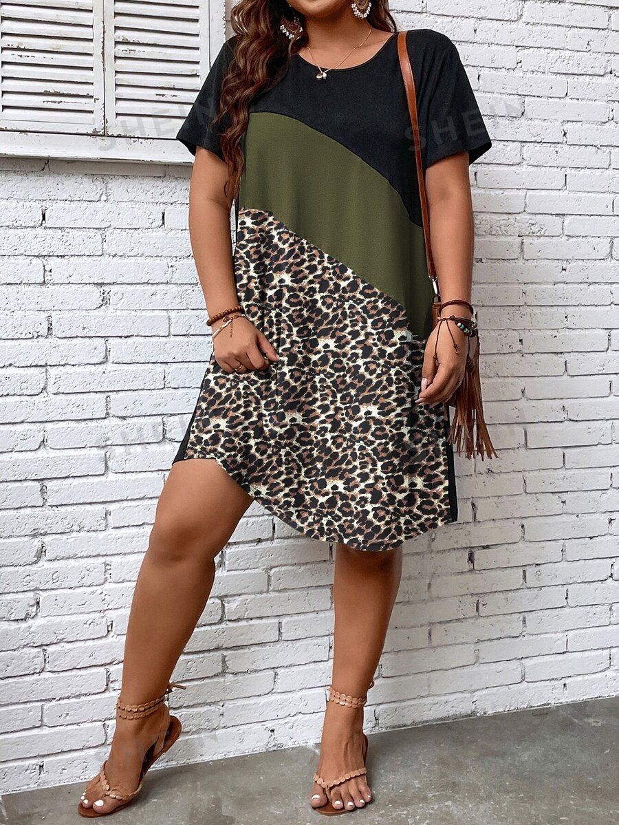 Shein Lune Plus Leopard Print Colorblock Tee Dress Shein Usa