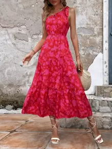 Breezaya Allover Floral Print One Shoulder Ruffle Hem Dress | SHEIN USA