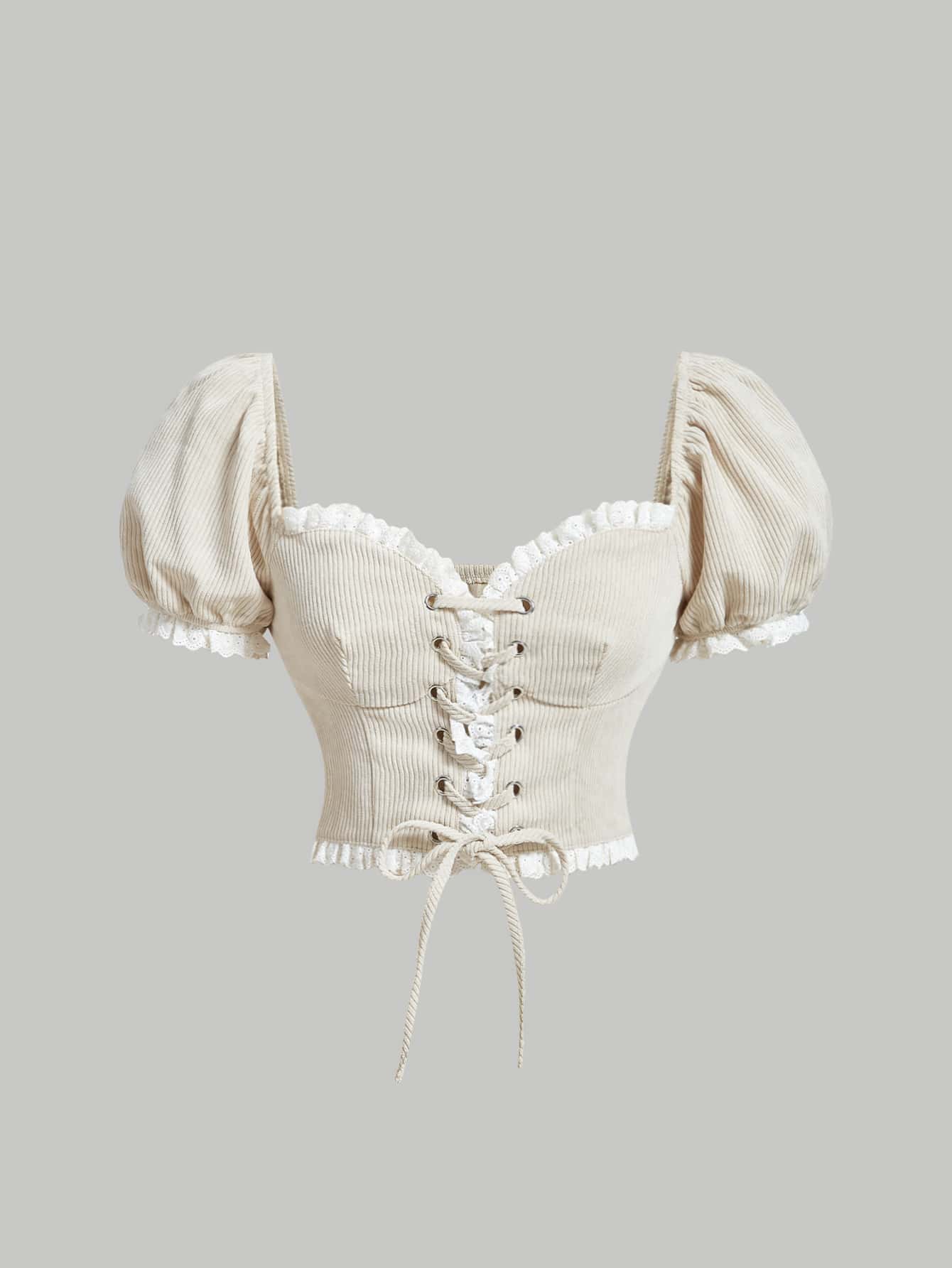 SHEIN MOD Lace Up Front Puff Sleeve Crop Top for Sale Australia| New ...