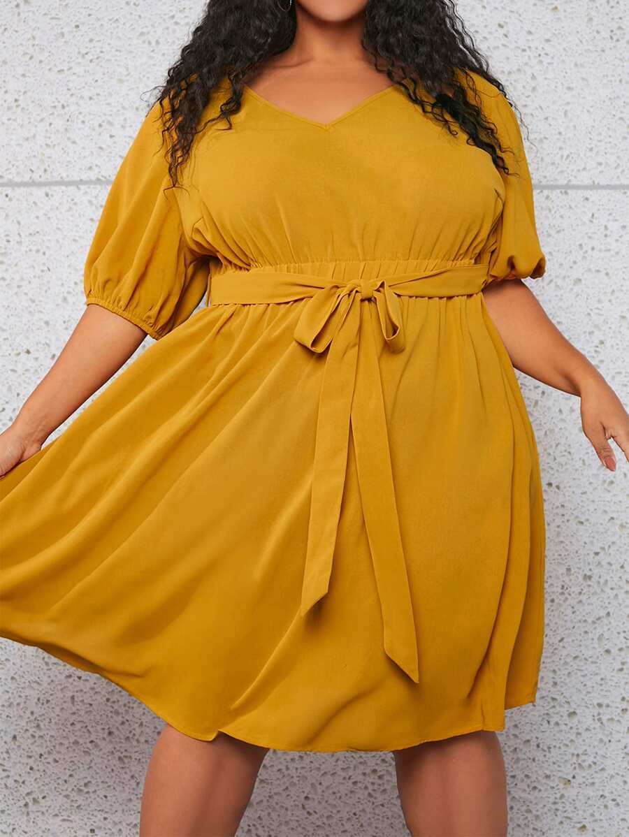 SHEIN CURVE+ Plus Puff Sleeve Belted Dress | SHEIN USA