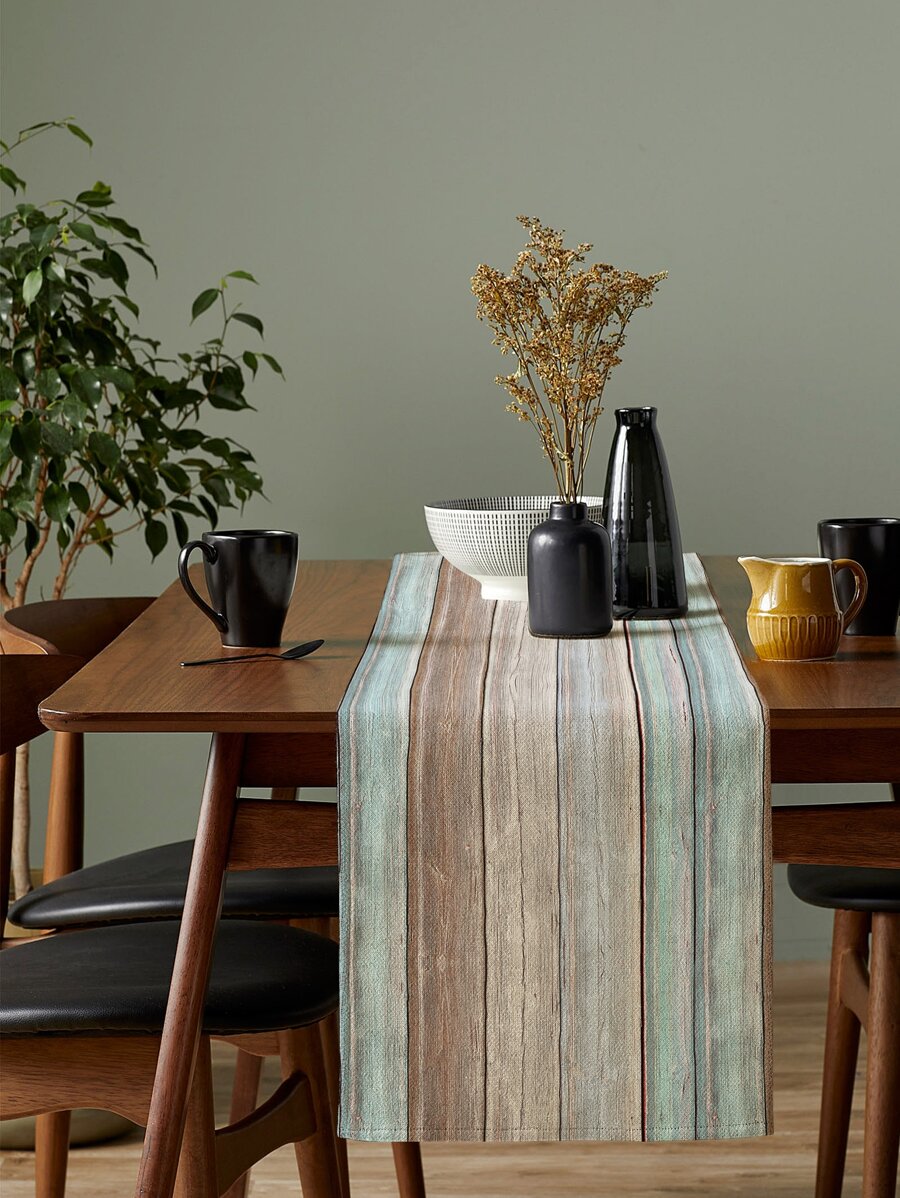 1pc Wood Grain Pattern Table Runner, Modern Polyester Kitchen Table ...