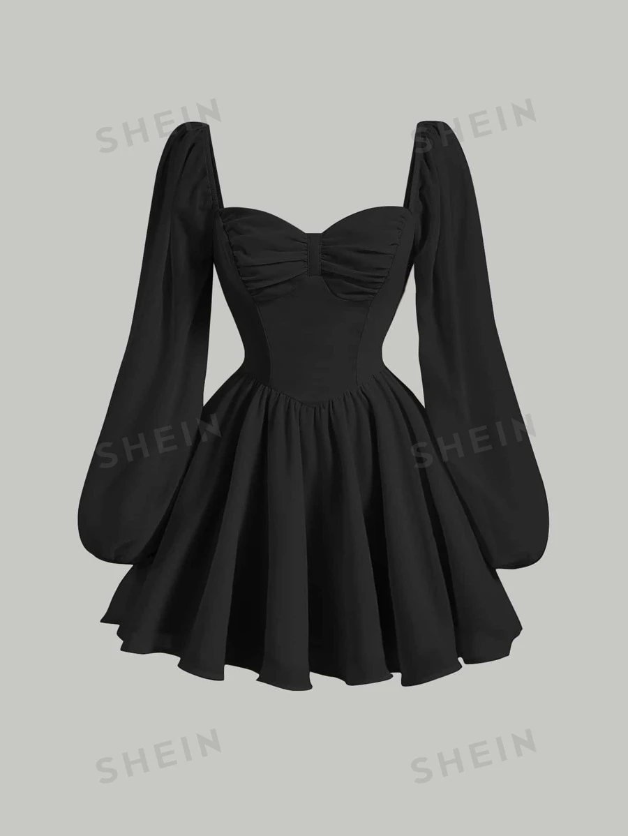 SHEIN MOD Vestido Negro De Manga Larga Suelta Con Cuello En Forma De ...