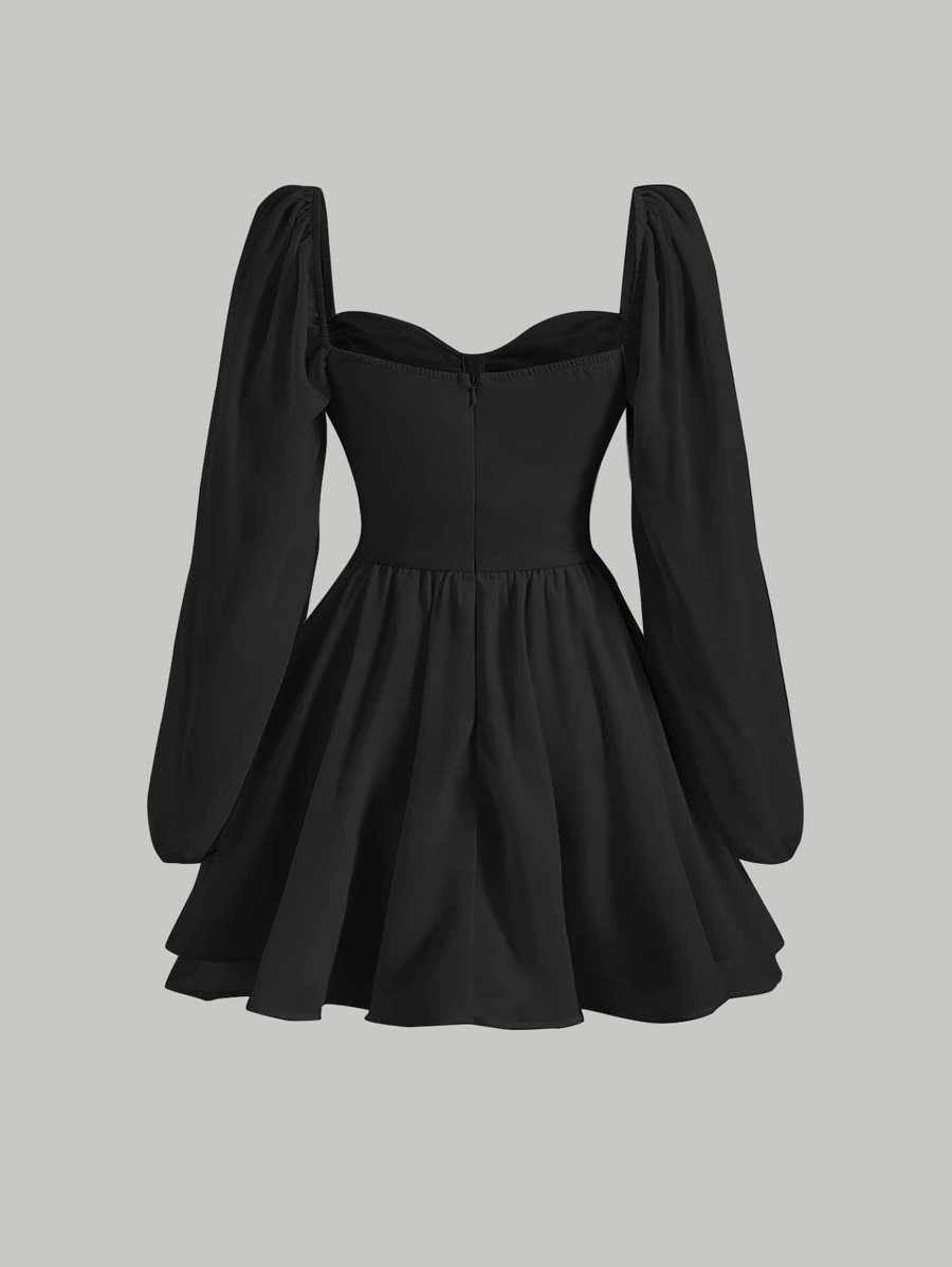 SHEIN MOD Sweetheart Neck Lantern Sleeve Ruched Bust Black Long Sleeves Loose Dress | SHEIN USA