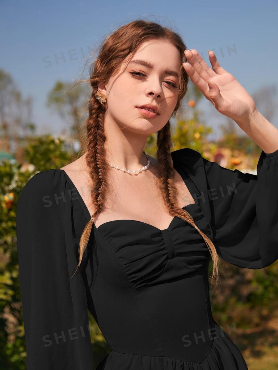 SHEIN MOD Sweetheart Neck Lantern Sleeve Ruched Bust Black Long Sleeves Loose Dress | SHEIN UK