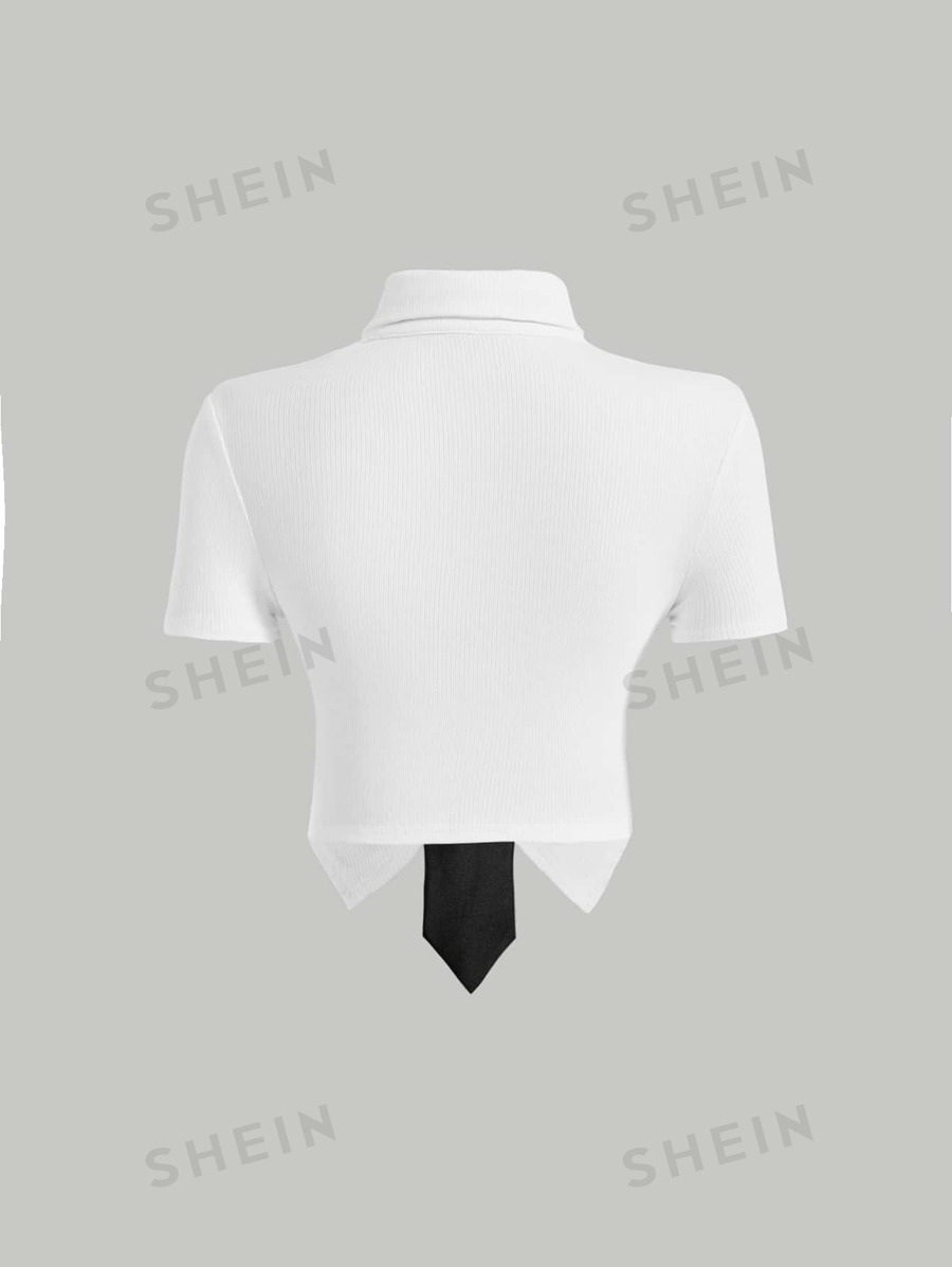 Shein Mod Black Tie Neck Asymmetrical Hem Open Placket Butterfly Metal