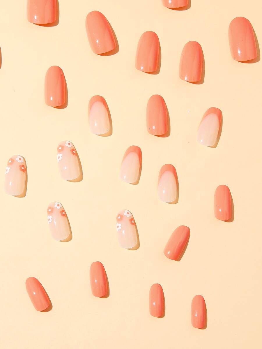 Transform Your Nails with 24pcs Long Almond Orange French Flower ...