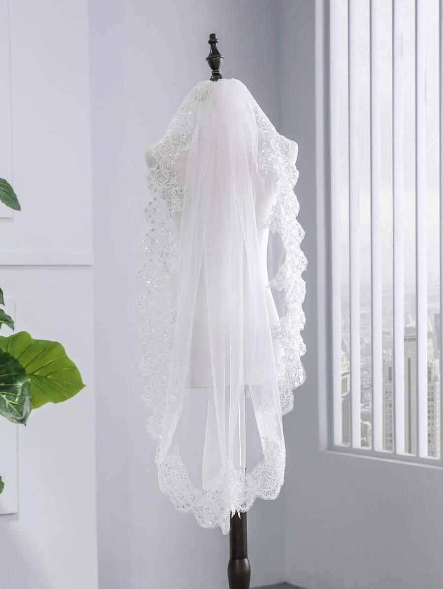Floral Embroidered Sequin Decor Bridal Veil | SHEIN UK