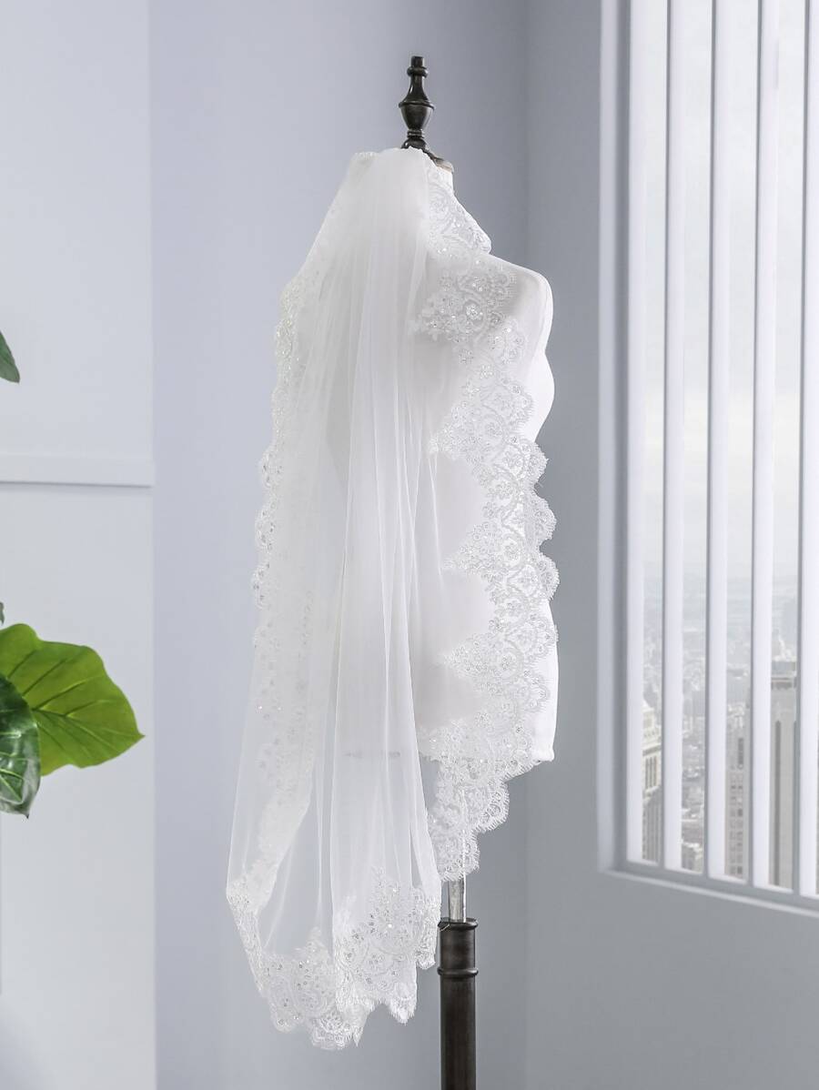Floral Embroidered Sequin Decor Bridal Veil | SHEIN UK