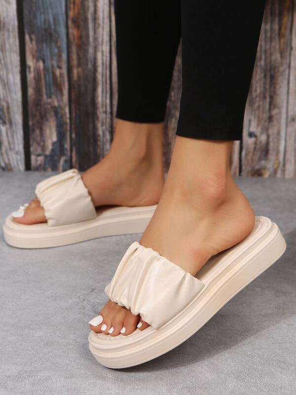 Women Ruched Design Wedge Slide Sandals Fashion Platforms Sandals Beige ...