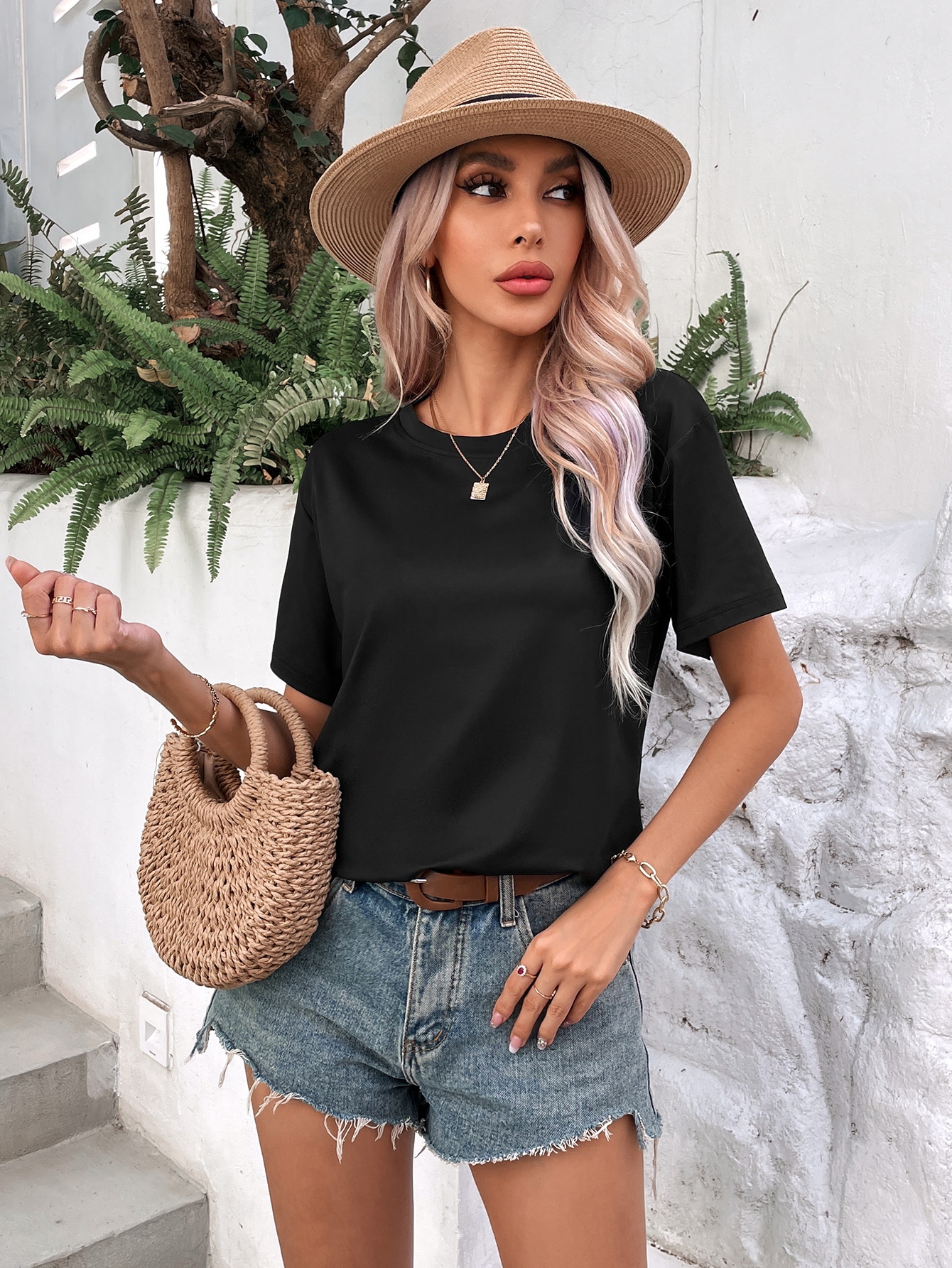 SHEIN LUNE Solid Drop Shoulder Tee | SHEIN USA