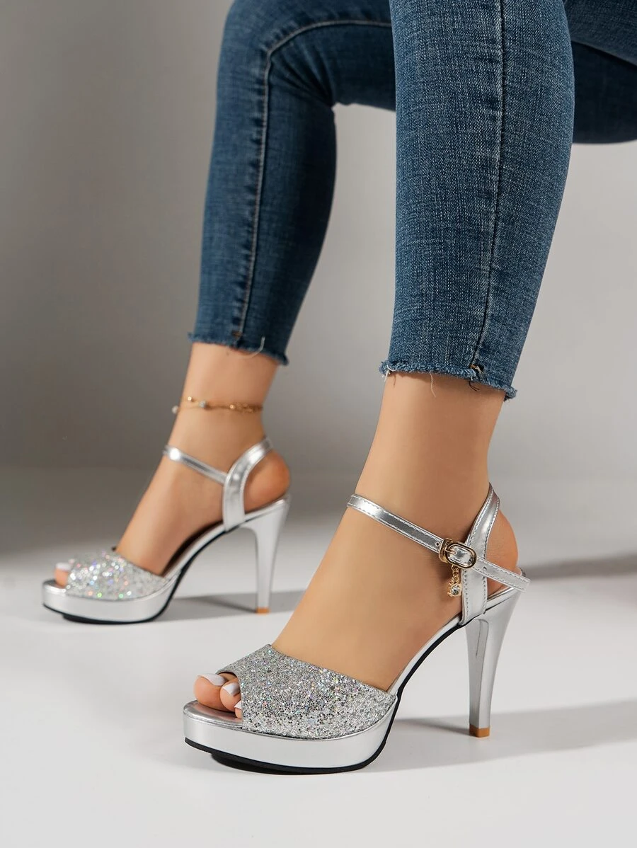 Women Metallic Ankle Strap Sandals Glitter Peep Toe Glamorous Heeled ...